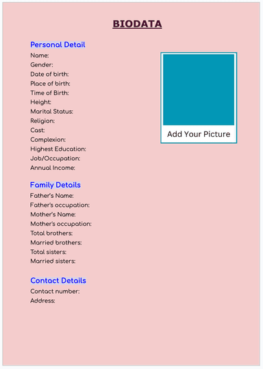 Marriage Biodata Word File Download | Edit And Use